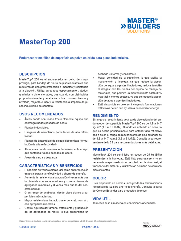 Mastertop 200 Ficha Tecnica | PDF | Hormigón | Agua