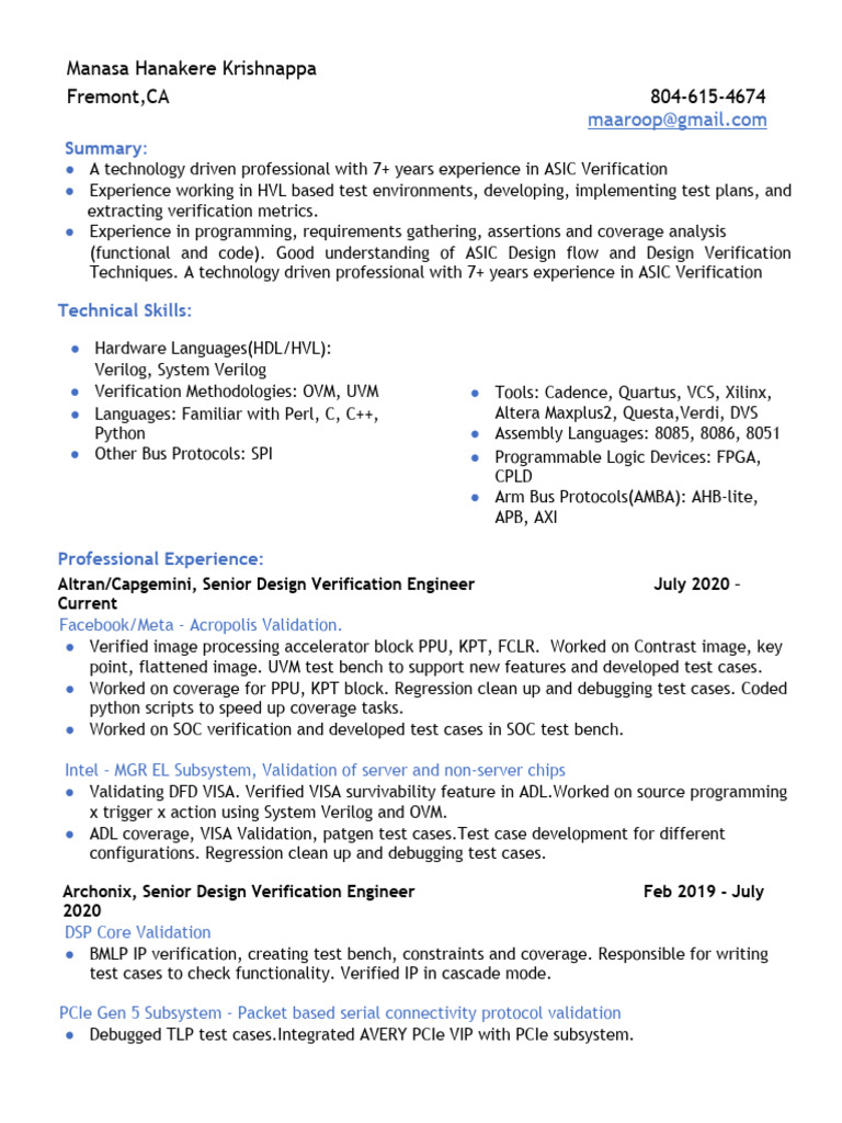 Manasa Hanakere Krishnappa - Resume | PDF | Hardware Description ...