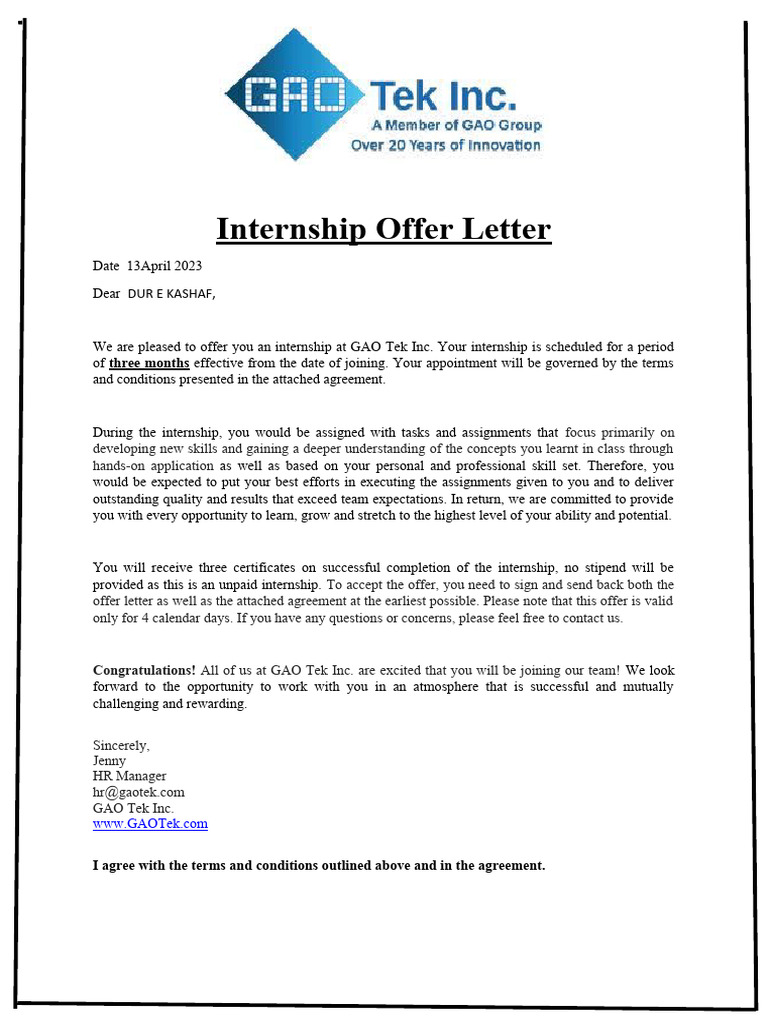 GAO Tek Internship Offer Letter | PDF | Career & Growth | Business