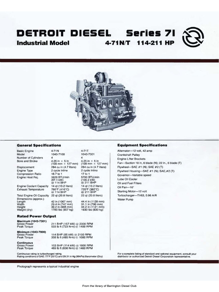 Detroit Diesel 4 71t Spec Sheet | PDF | Horsepower | Land Vehicles