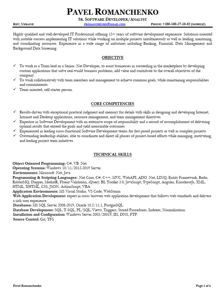 Pavel Romanchenko CV | PDF | Databases | Microsoft Sql Server
