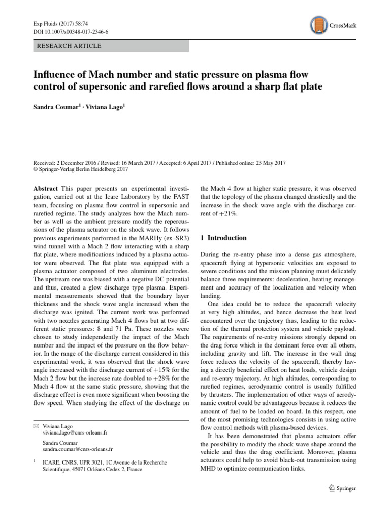 Influence of Mach Number and Static Pressure On Plasma Flow Control of Supersonic and Rarefied ...