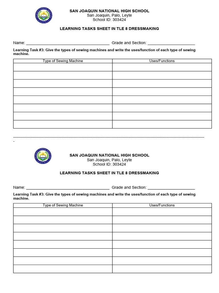 TLE 8 Dressmaking: Sewing Machines Task | PDF | Career & Growth
