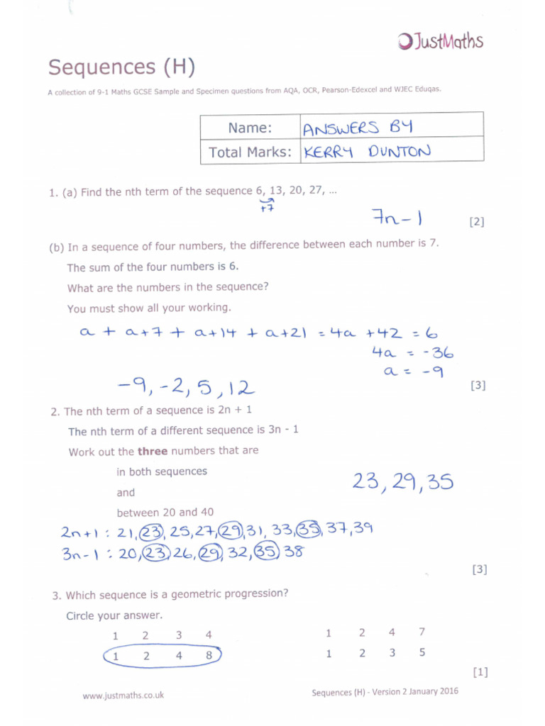 Algebra H Sequences v2 SOLUTIONS | PDF