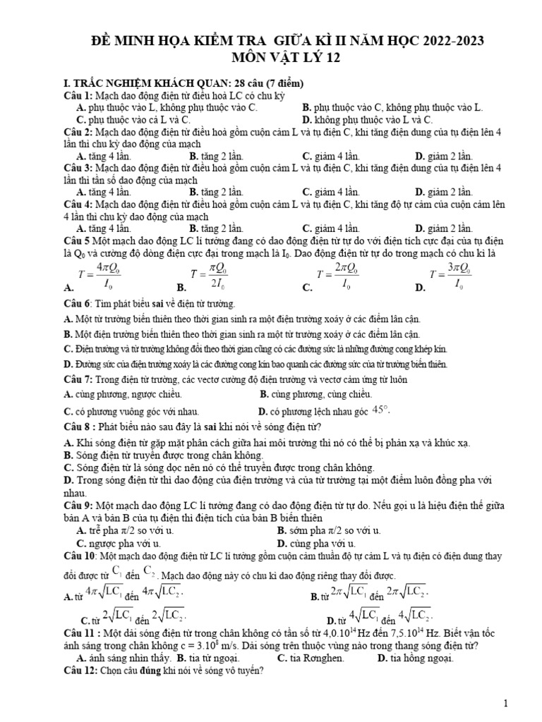 DE MINH HOA Ly12 KTGK II 22-23 - HS | PDF