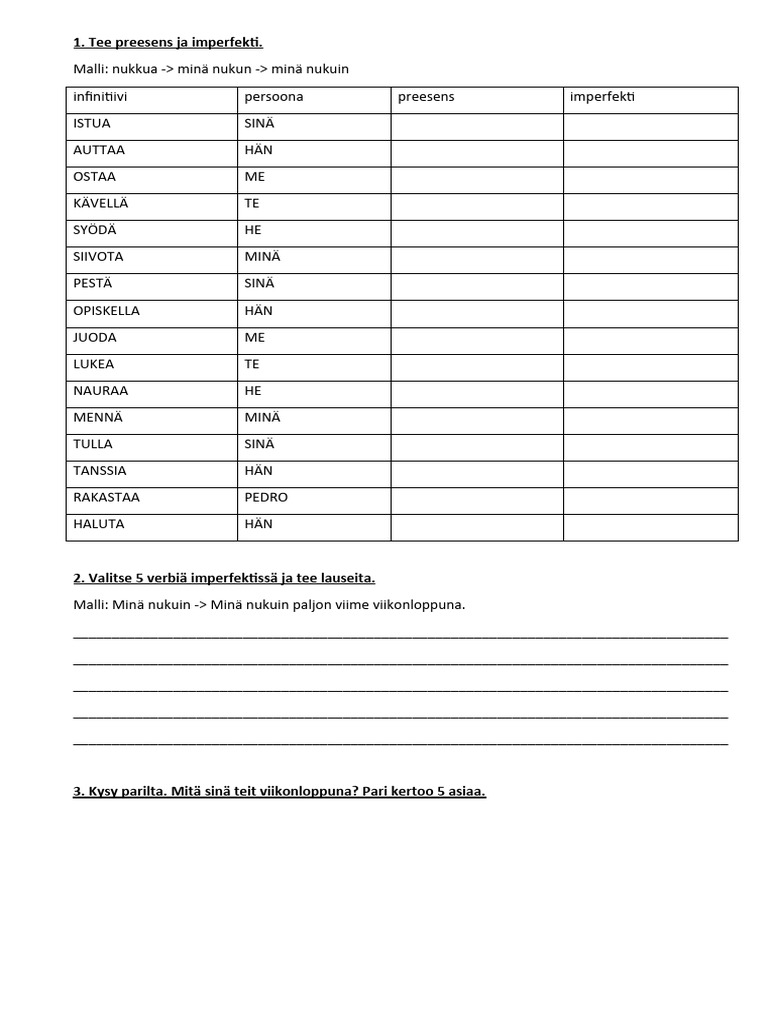 Imperfekti Harjoitus | PDF