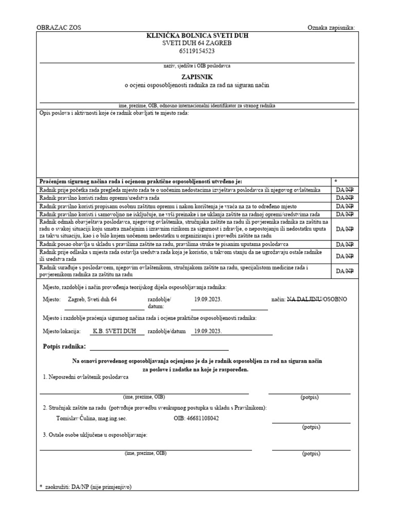 ZOS Obrazac 2022 | PDF