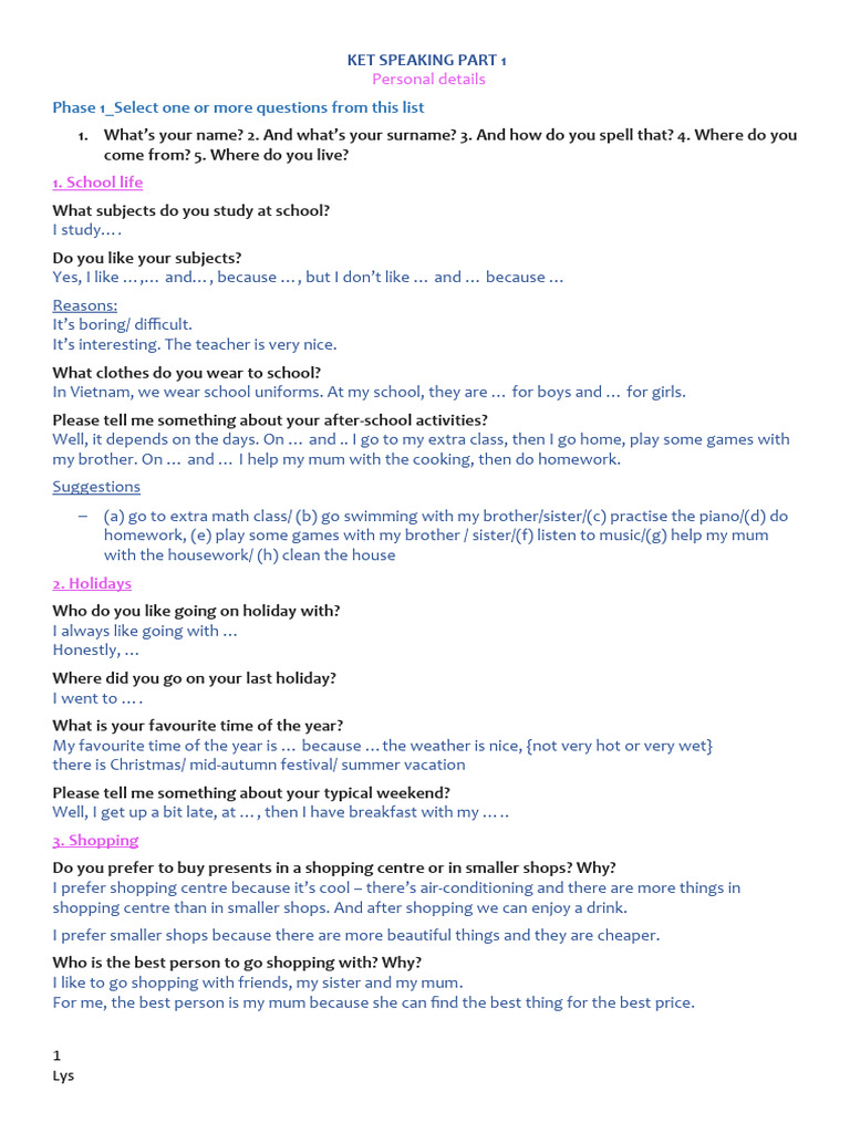 KET Speaking - Question Banks | PDF | Restaurants