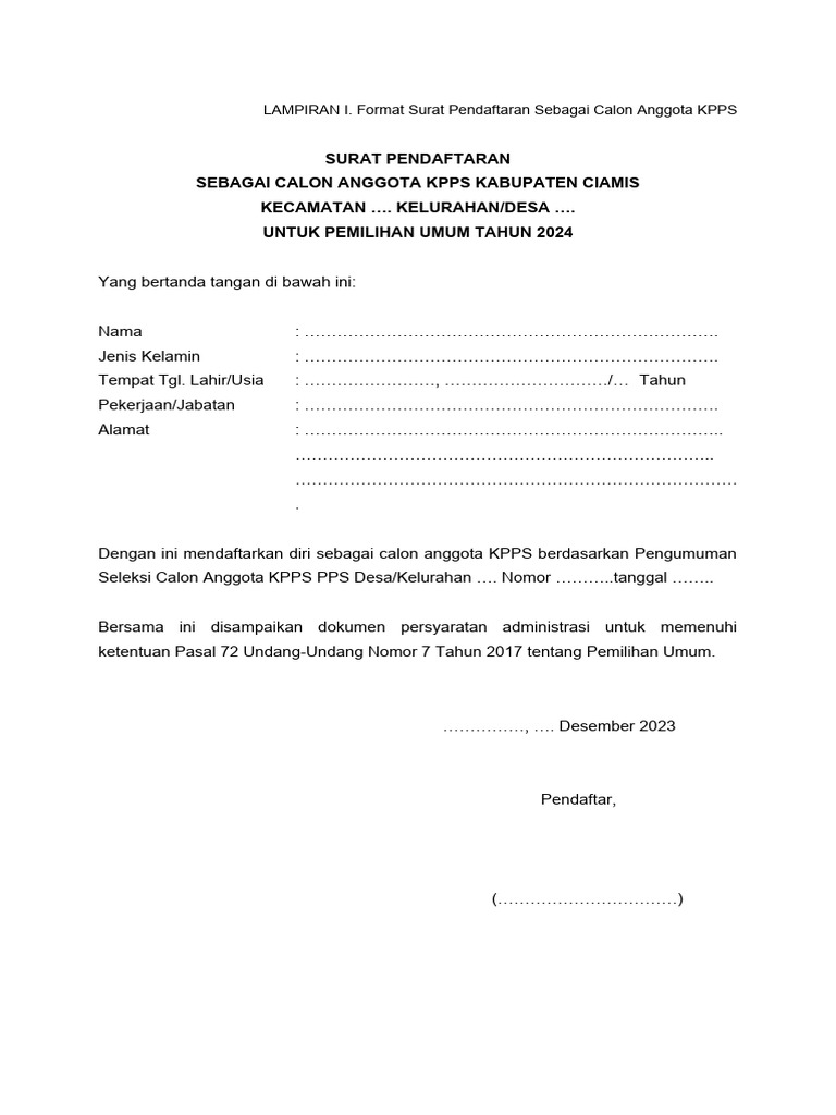 Dokumen Pendaftaran KPPS (Surat Pendaftaran, Surat Pernyataan, Dan DRH) | PDF