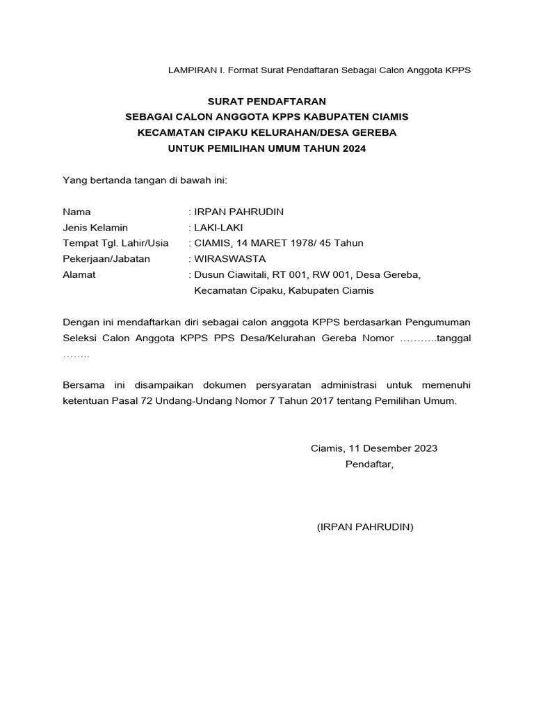 Dokumen Pendaftaran KPPS (Surat Pendaftaran, Surat Pernyataan, Dan DRH) | PDF