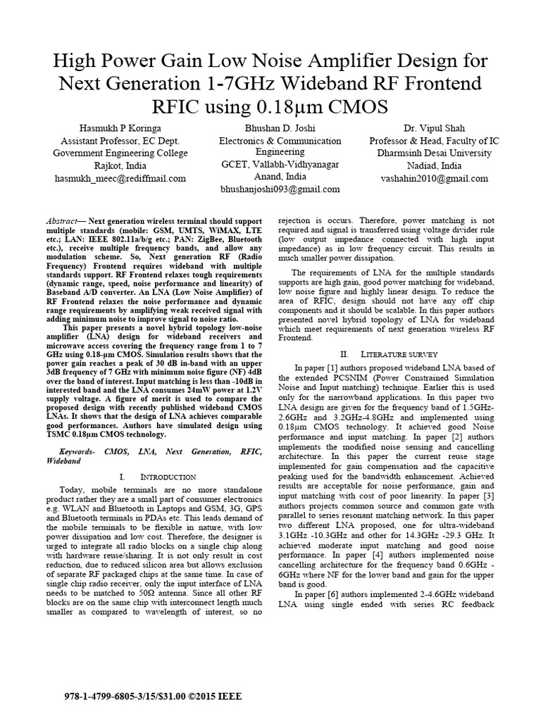 High Power Gain Low Noise Amplifier Design For Next Generation 1-7Ghz Wideband Rf Frontend Rfic ...