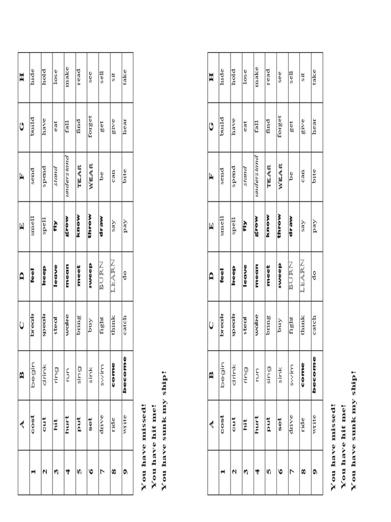 Irregular Verbs Battleship Pogrupowane 1 Strona | PDF