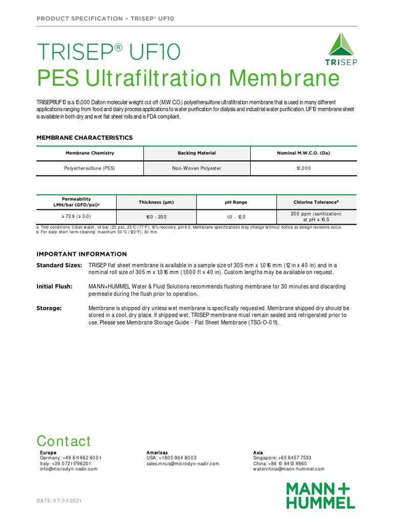 UF10 Flat Sheet Membrane | PDF | Membrane | Membrane Technology