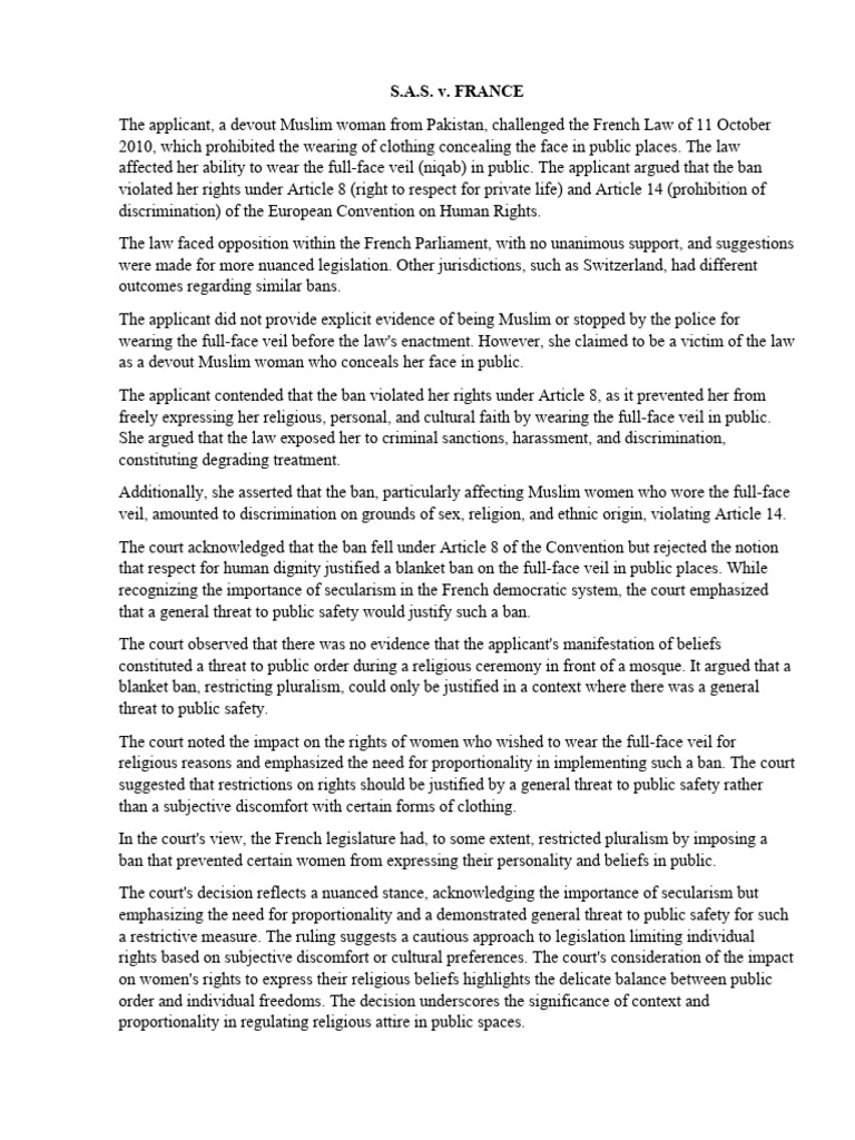 S.A.S. v. France: Veil Ban and Rights | PDF | Justice | Crime & Violence