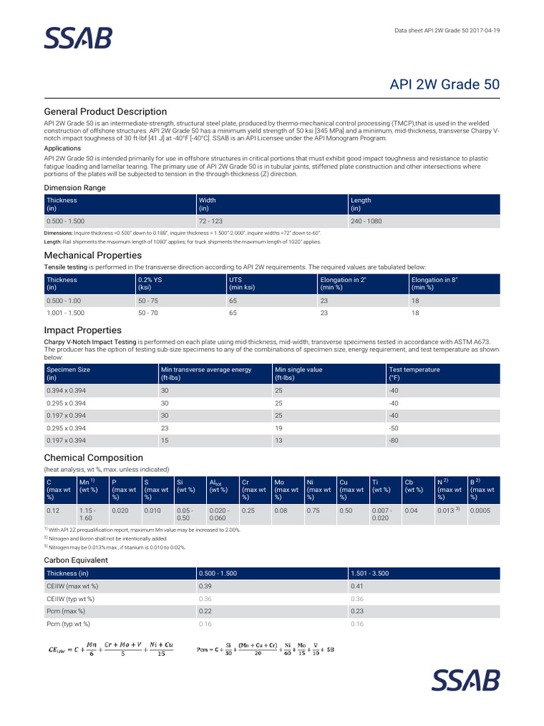Data Sheet API 2W Grade 50 2017 | Download Free PDF | Construction ...