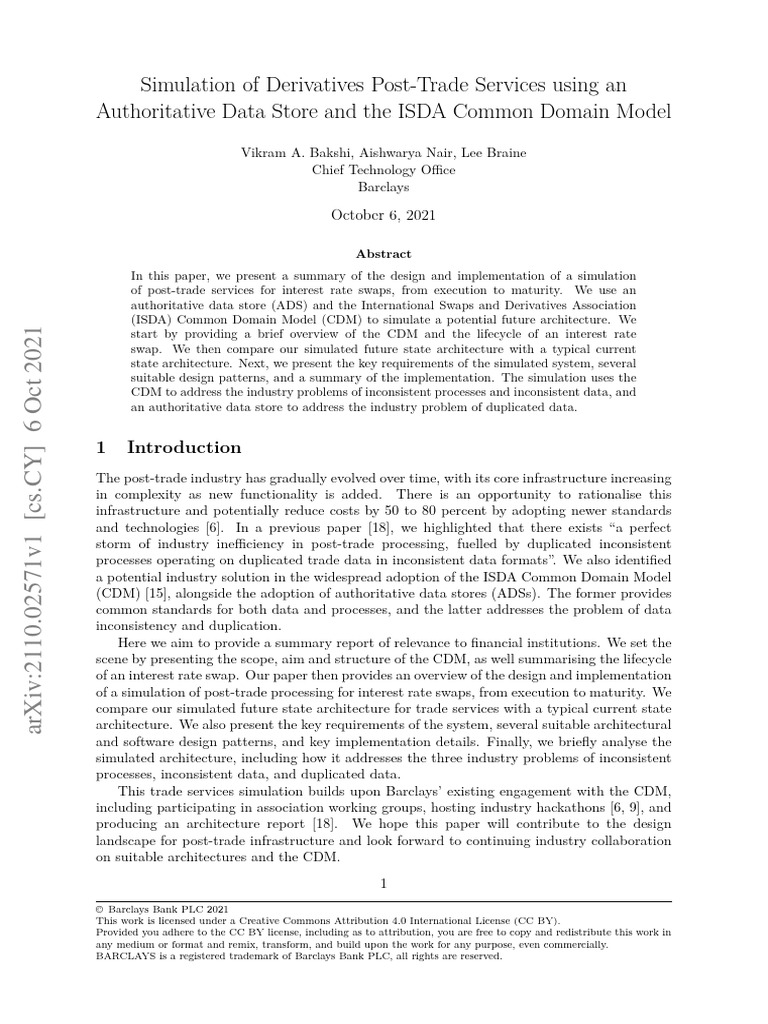 Simulation of Derivatives Post-Trade Services Using An Authoritative ... Simulation of Derivatives Post-Trade Services Using An Authoritative ...