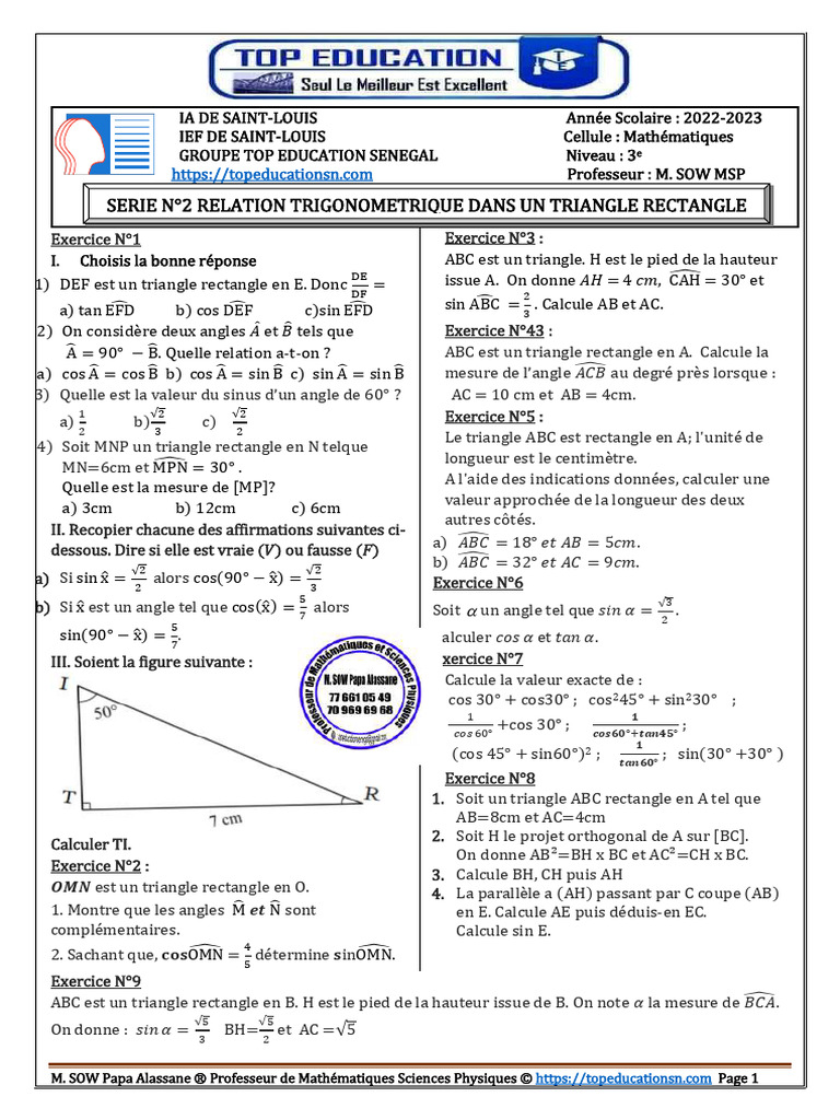 TD N°2 Relation Triogonometrique Dans Un Triangle | PDF | Triangle ...
