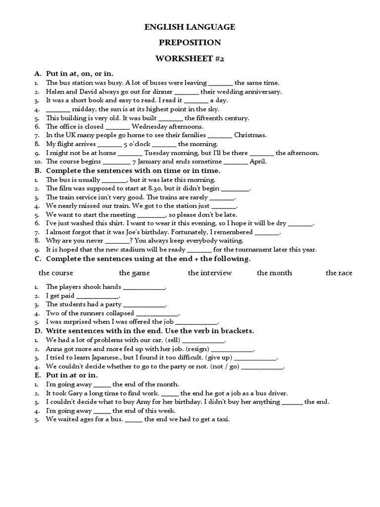 Prepositions Worksheet 2 | PDF