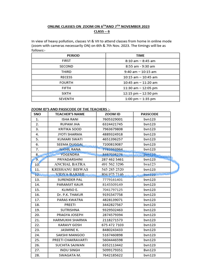 Online Classes Schedule for Nov 6-7 | PDF