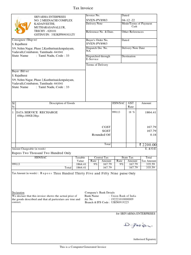 Tax Invoice: Consignee (Ship To) | Download Free PDF | Government | Money