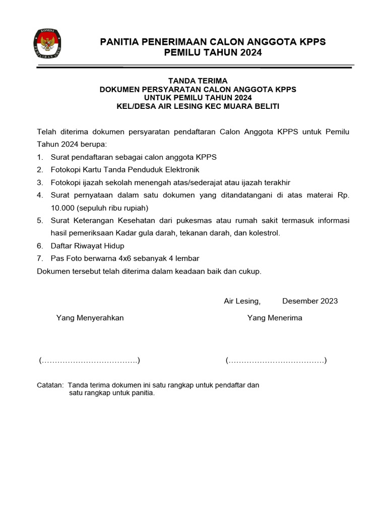 Tanda Terima Dokumen Persyaratan Calon Anggota KPPS Pemilu 2024 | PDF