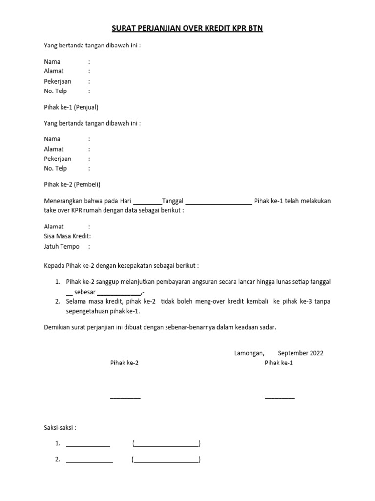 SURAT PERJANJIAN OVER KREDIT KPR BTN | PDF