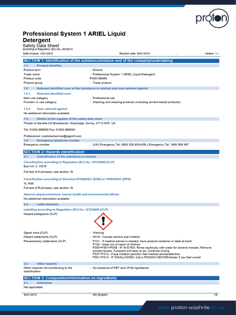 006 Proton Data Safety Sheet Ariel Liquid 20l | PDF | Toxicity ...