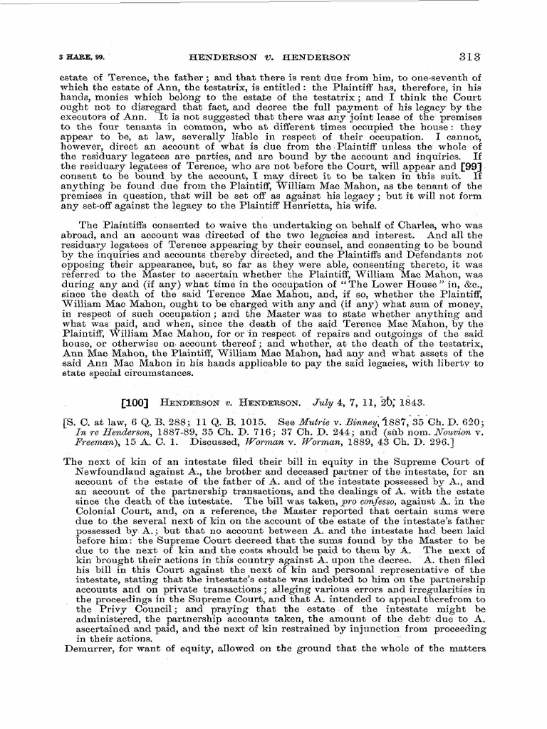 Henderson V Henderson 1843 3 Hare 100 | PDF | Lawsuit | Demurrer