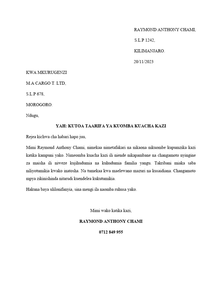 Barua Kuacha Kazi | PDF