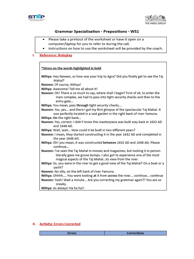 Grammar Specialisation - Prespositions - WS1 | PDF