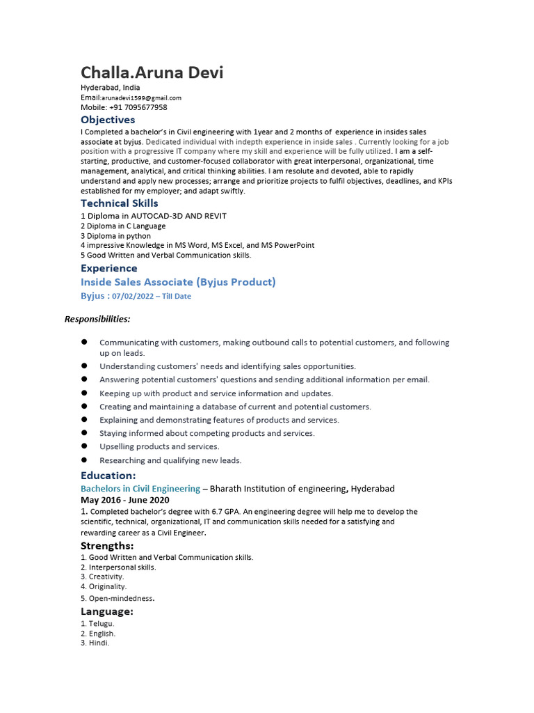 Challa Aruna Devi Sakes Resume | PDF | Career & Growth
