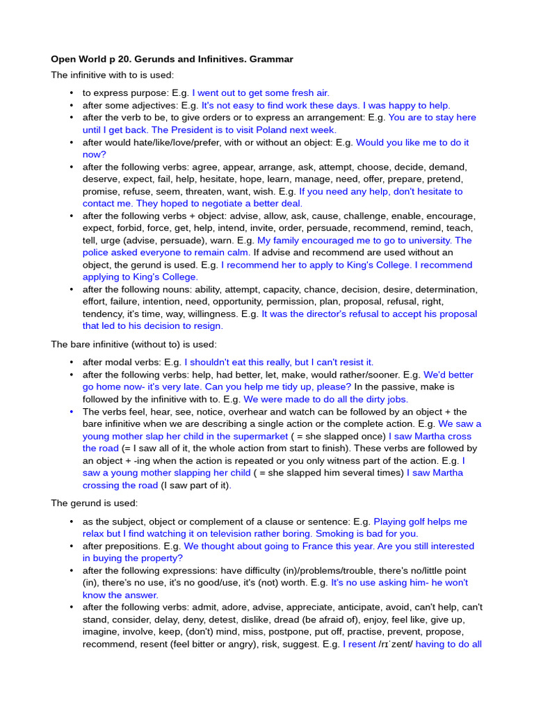 Gerunds and Infinitives in English Grammar | PDF | Language Arts ...
