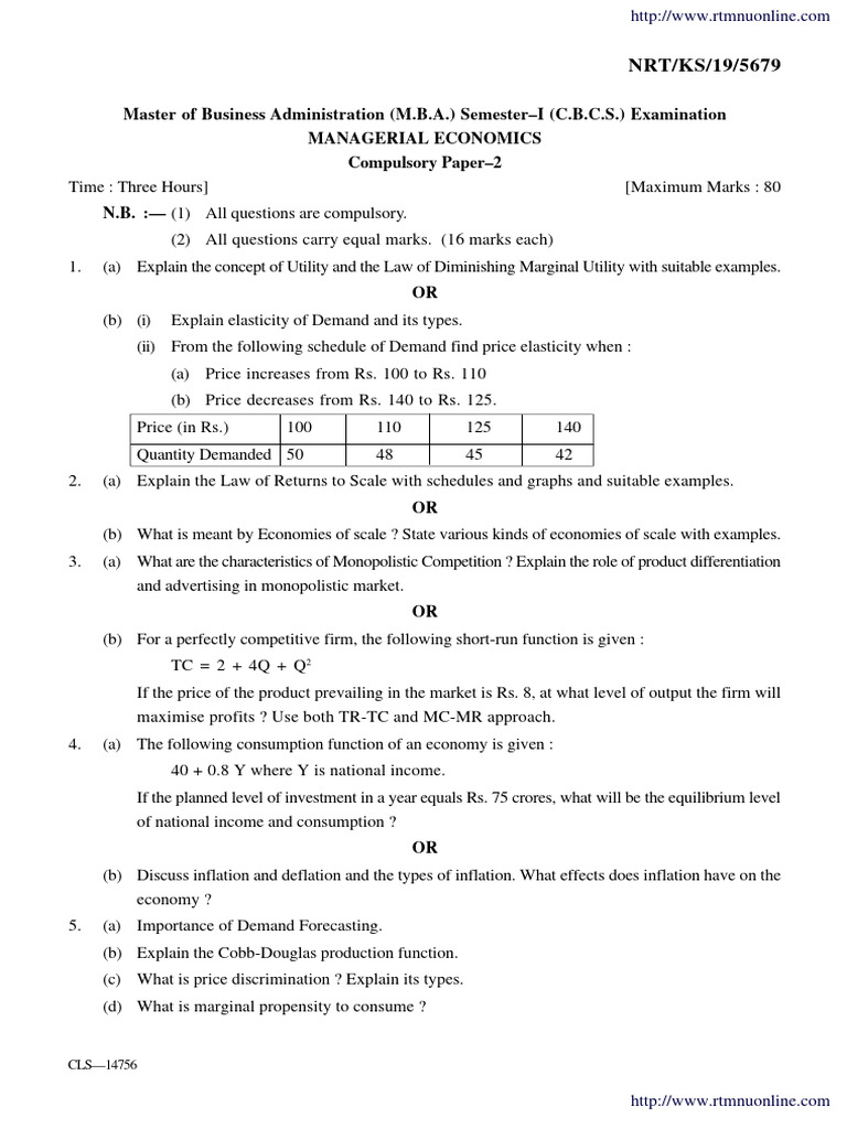 MBA Exam: Managerial Economics Paper | PDF | Demand | Economics