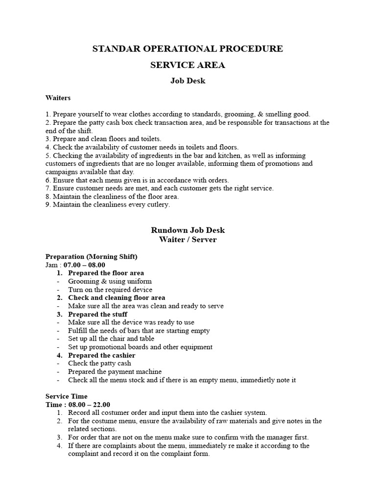 STANDAR OPERATIONAL PROCEDURE FLOOR TEAM | PDF | Waiting Staff | Menu