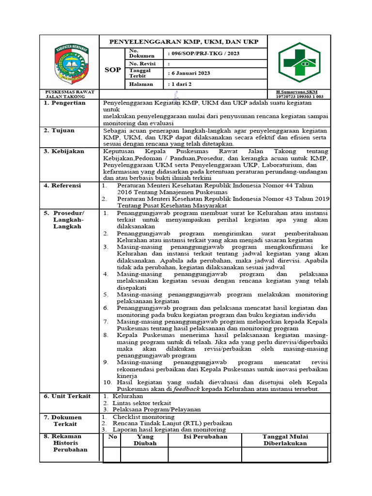 1.2.2.2 Sop Penyelenggaraan KMP, Ukm, Ukp | PDF