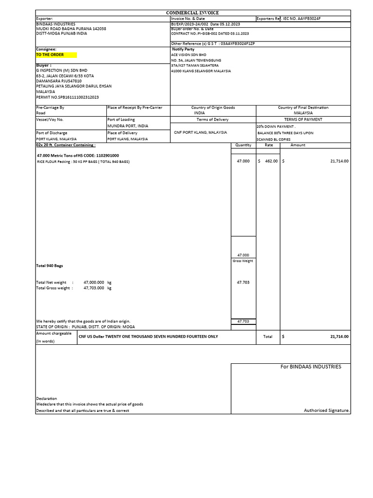 Invoice -002 G INSPECTION (M) for Check List | PDF