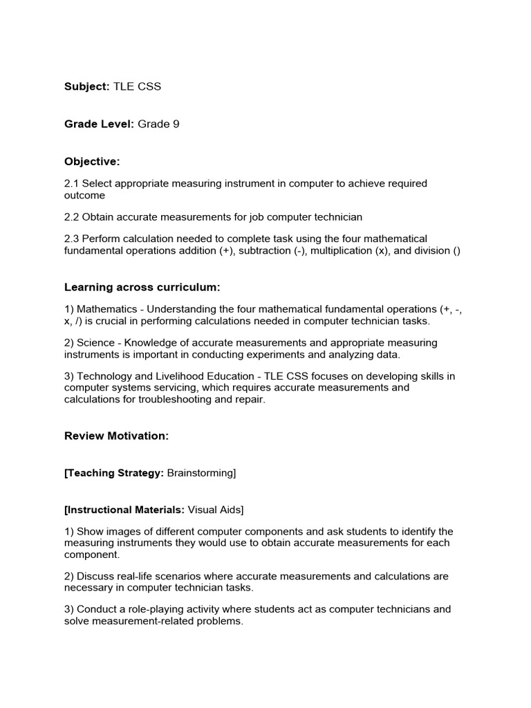 lesson_plan TLE CSS GRADE 9 | PDF | Mathematics | Measurement