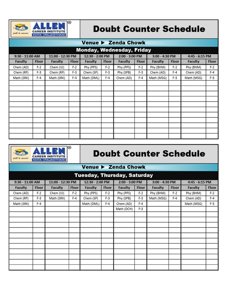 Doubt Counter Schedule: Monday, Wednesday, Friday | PDF