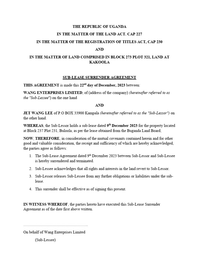 Sub-Lease Surrender Agreement in Uganda | PDF