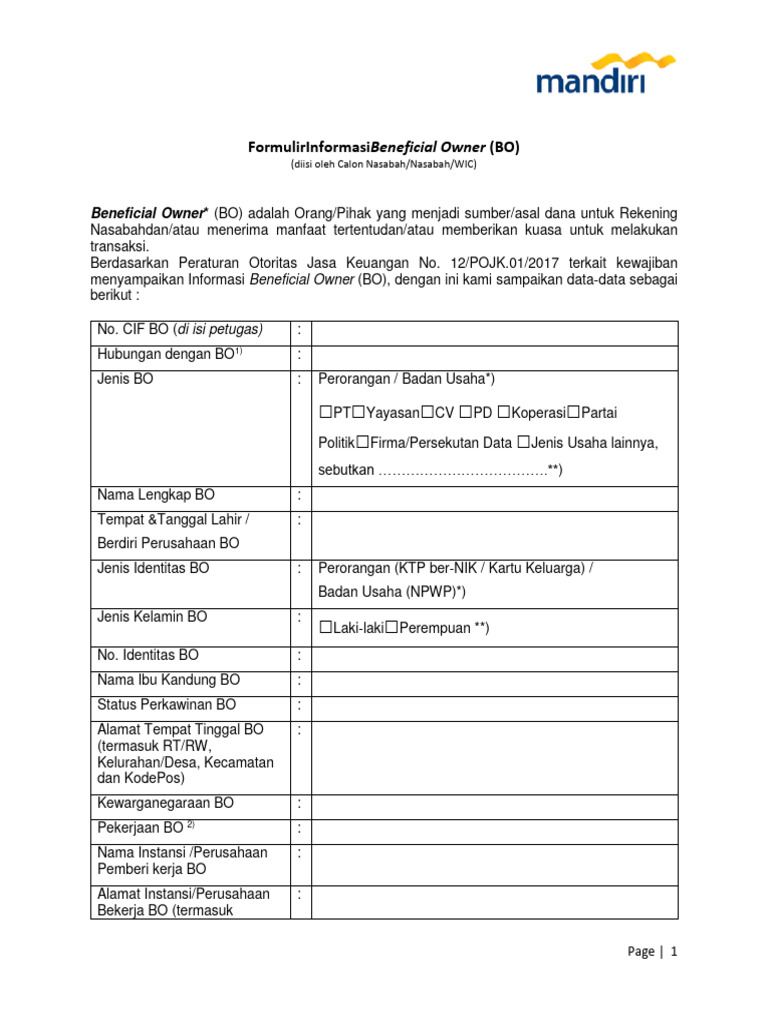 Formulir Informasi Beneficial Owner | PDF