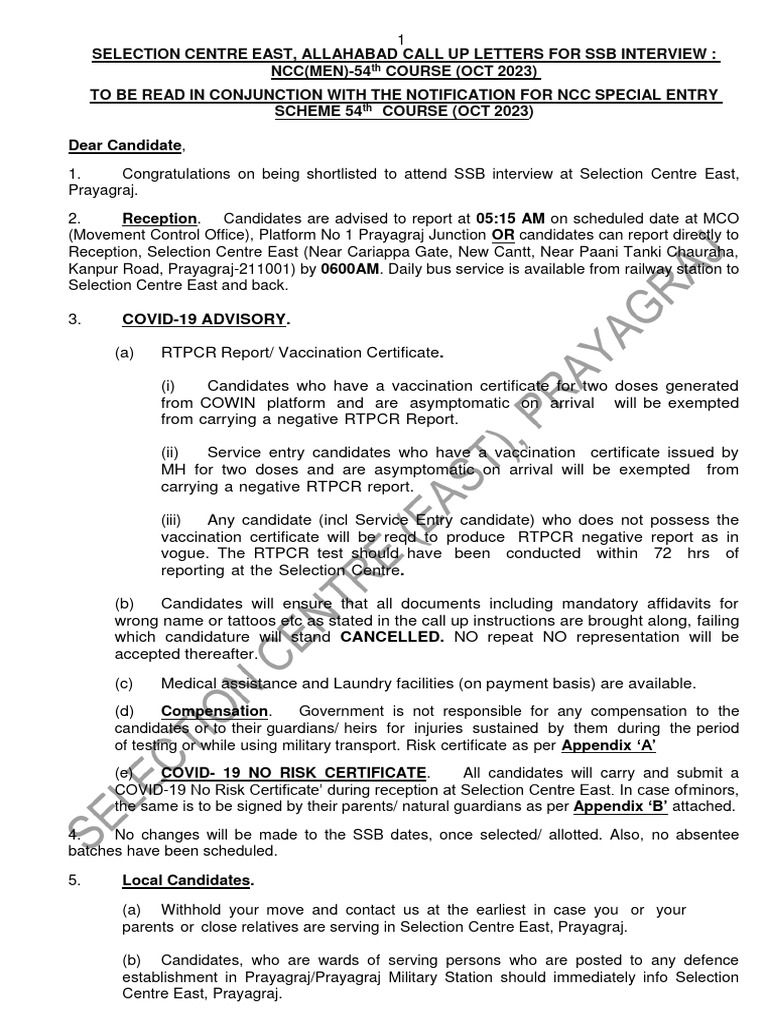 Call Up Letter Sce Allahabad For SSC NCC Men 54 Course | PDF | Finance & Money Management ...