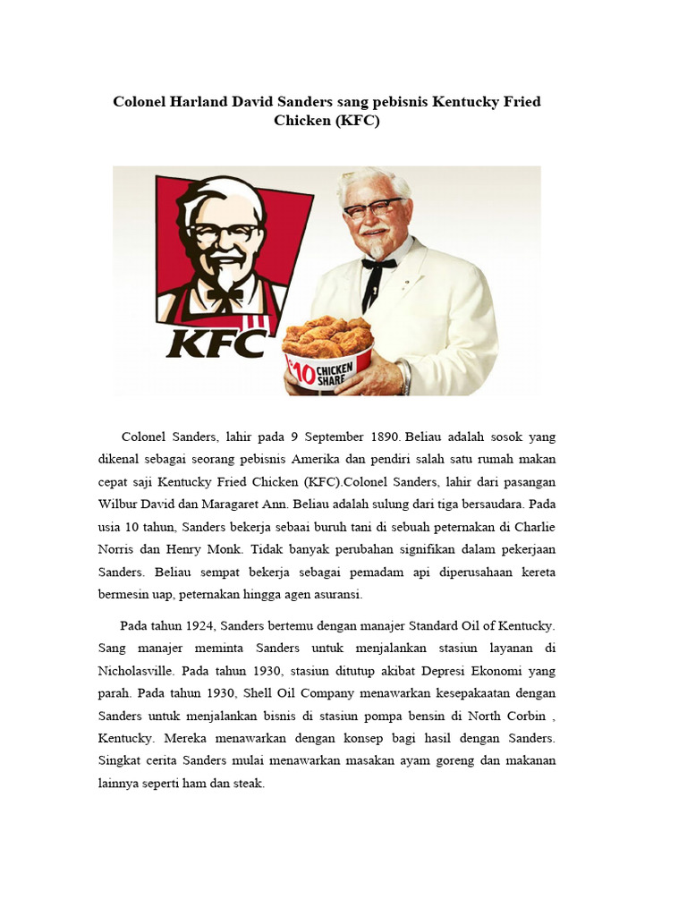 Colonel Harland David Sanders Sang Pebisnis Kentucky Fried Chicken | PDF