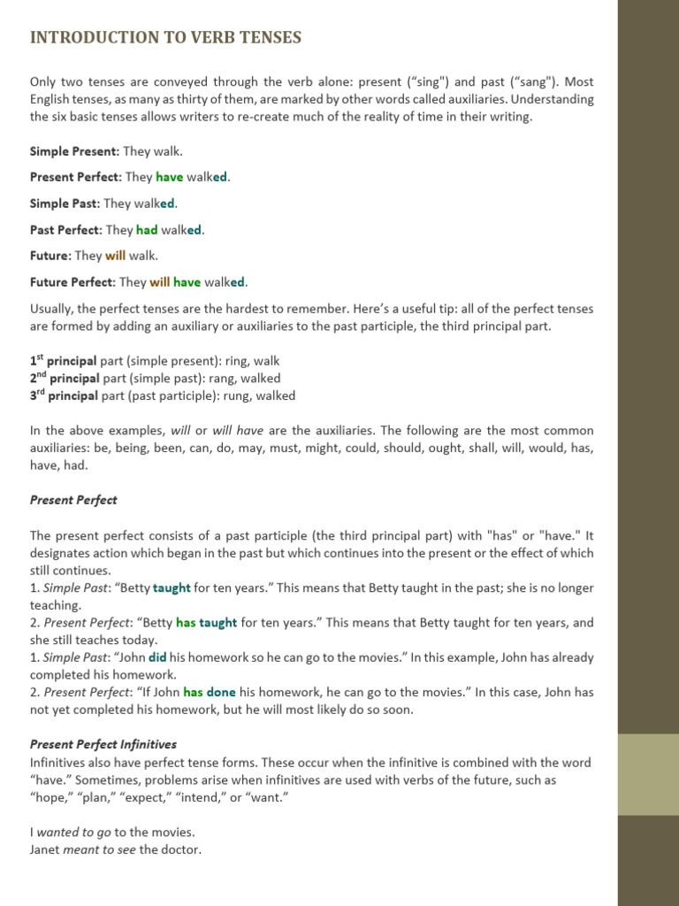 Introduction To Verb Tenses | PDF | Perfect (Grammar) | Grammatical Tense