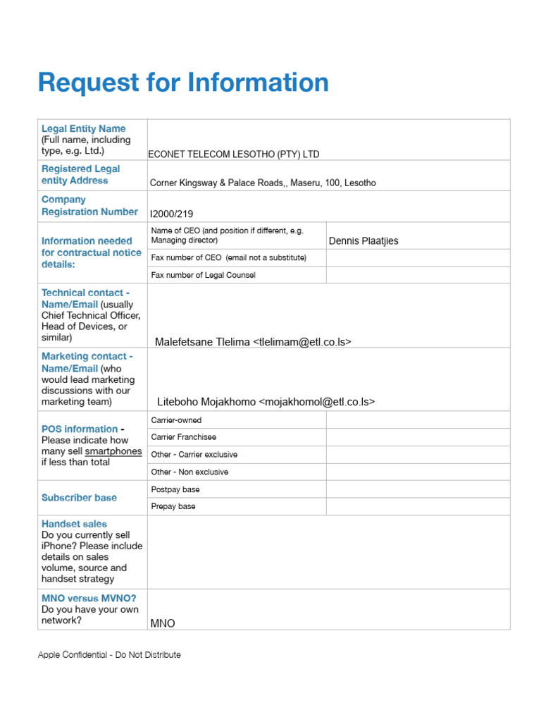 RFI Template - Lite | PDF | 3 G | Lte (Telecommunication)