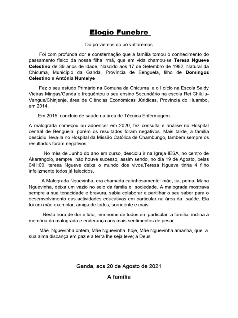 Elogio Fúnebre a Teresa Ngueve | PDF