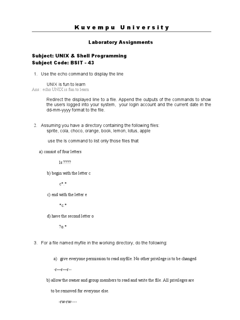 Kuvempu University: Laboratory Assignments Subject: UNIX & Shell Programming Subject Code: BSIT ...