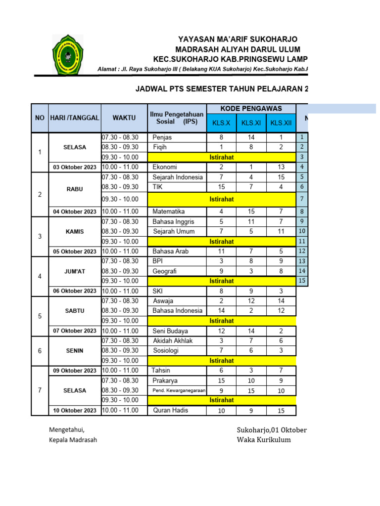 Jadwal Pts Ma Ganjil 2023 | PDF