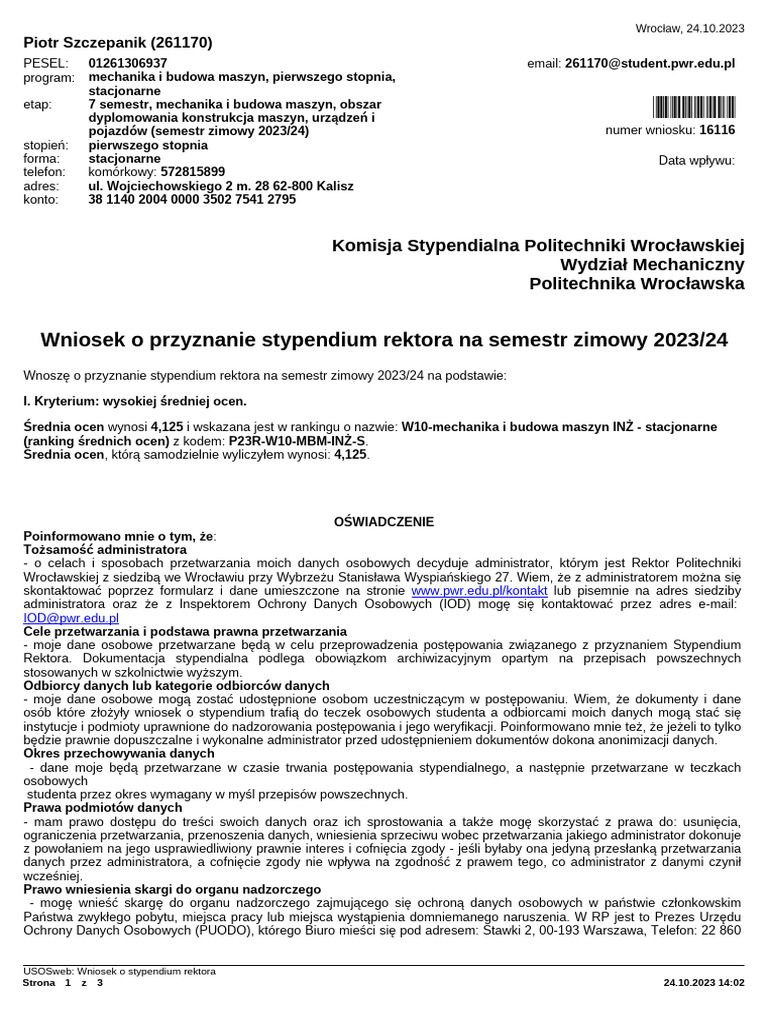 Wniosek o Stypendium Rektora 2023-10-24 | PDF