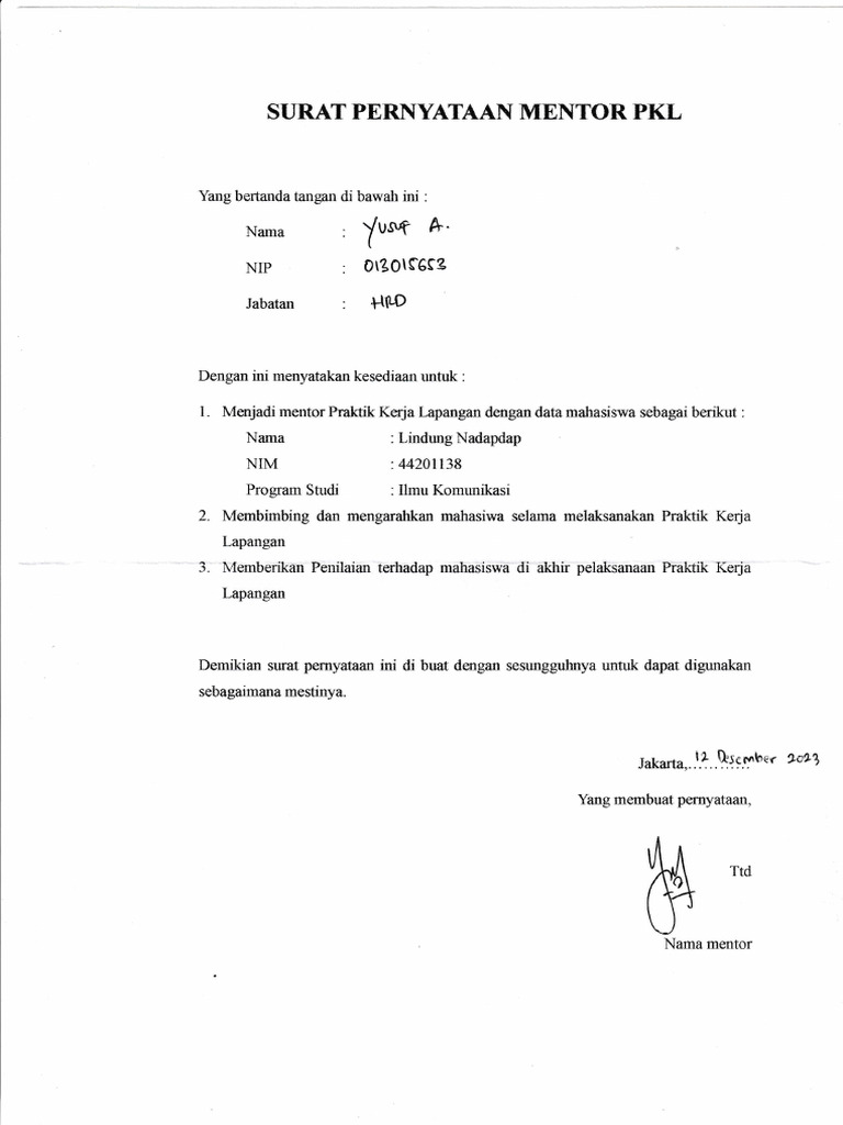 Surat Pernyataan Mentor - Lindung Nadapdap | PDF