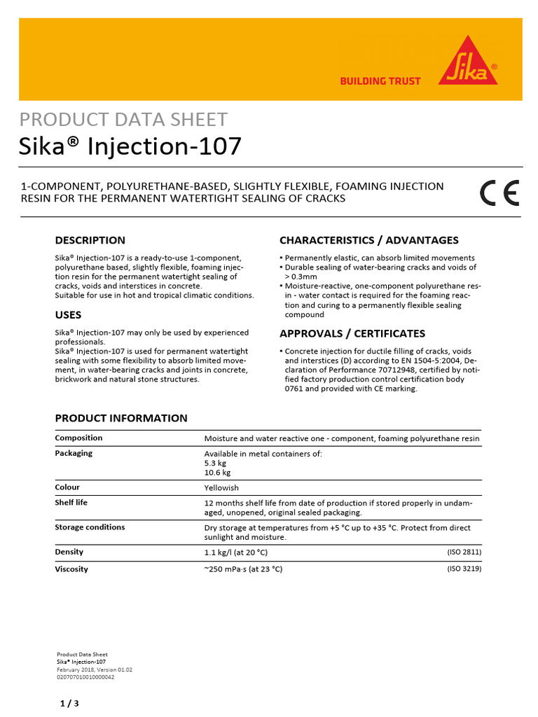 Sika - Injection-107 - Suitable | PDF | Polyurethane | Building Engineering